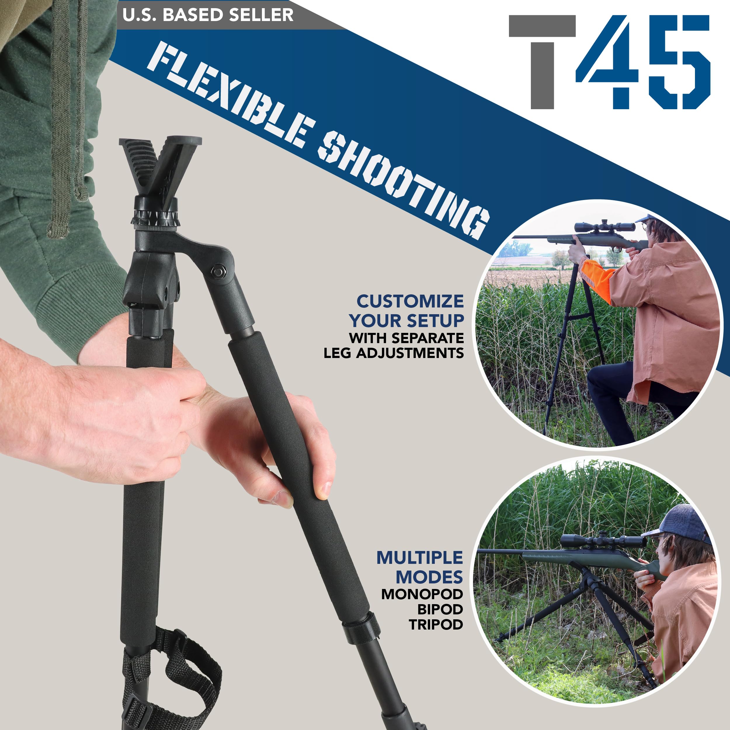 Tactical45 Convertible Tripod Shooting Sticks for Hunting Rifles 74in - Telescopic Monopod, Bipod, Tripod 360 Degree Swivel V Yoke Rifle Rest for Shooting with 90 Degree Swing Leg and Adjustable Feet