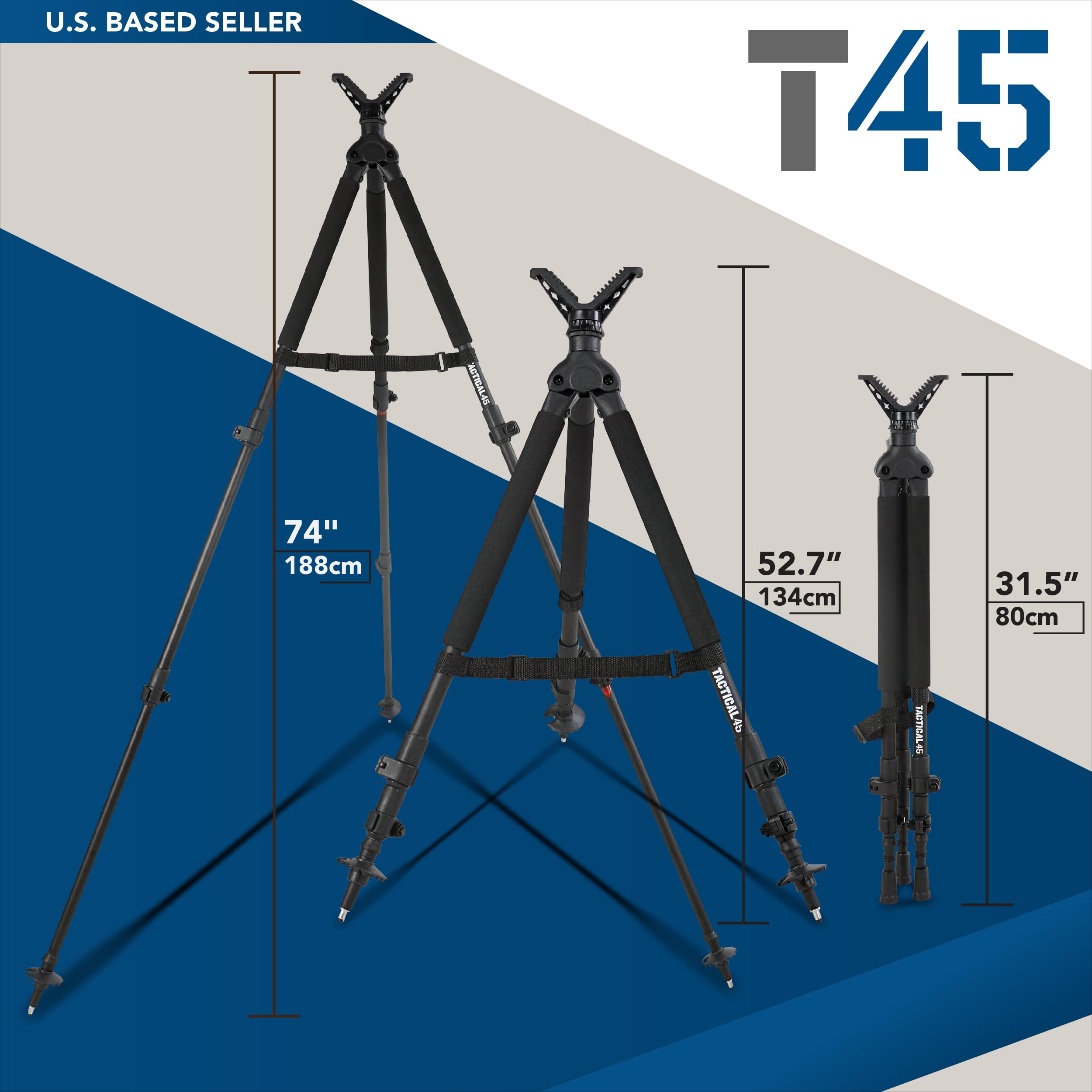 Tactical45 Convertible Tripod Shooting Sticks for Hunting Rifles 74in - Telescopic Monopod, Bipod, Tripod 360 Degree Swivel V Yoke Rifle Rest for Shooting with 90 Degree Swing Leg and Adjustable Feet