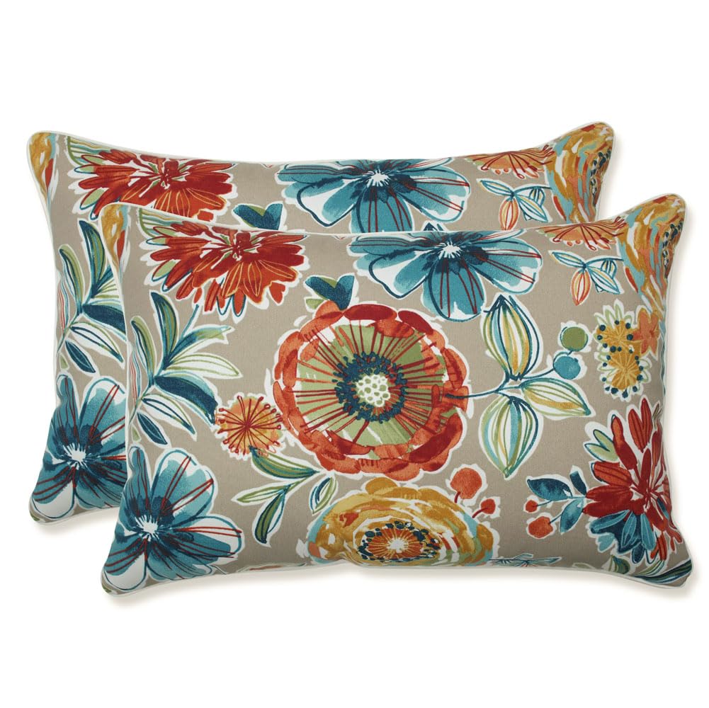 Pillow Perfect Floral Indoor/Outdoor Accent Throw Pillow, Plush Fill, Weather, and Fade Resistant, Large Lumbar - 16.5" x 24.5", Tan/Blue Colsen, 2 Count