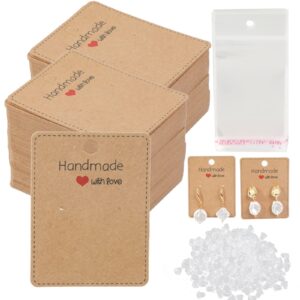 femtindo 150 pack earring cards for jewelry packaging diy earrings holder display card with bag for studs selling (brown(earring card), 5x6.5cm)