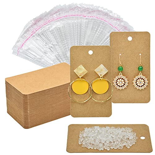 Twavang Earring Card Holder Set, 100Pcs Kraft Paper Earring Display Cards, 100 Pairs Clear Earring Backs with 100Pcs Self Adhesive Bags for Earrings Jewelry Display (Brown, 3.5" x 2")