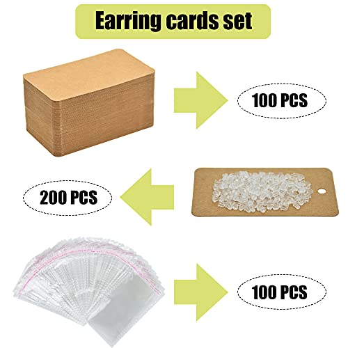 Twavang Earring Card Holder Set, 100Pcs Kraft Paper Earring Display Cards, 100 Pairs Clear Earring Backs with 100Pcs Self Adhesive Bags for Earrings Jewelry Display (Brown, 3.5" x 2")