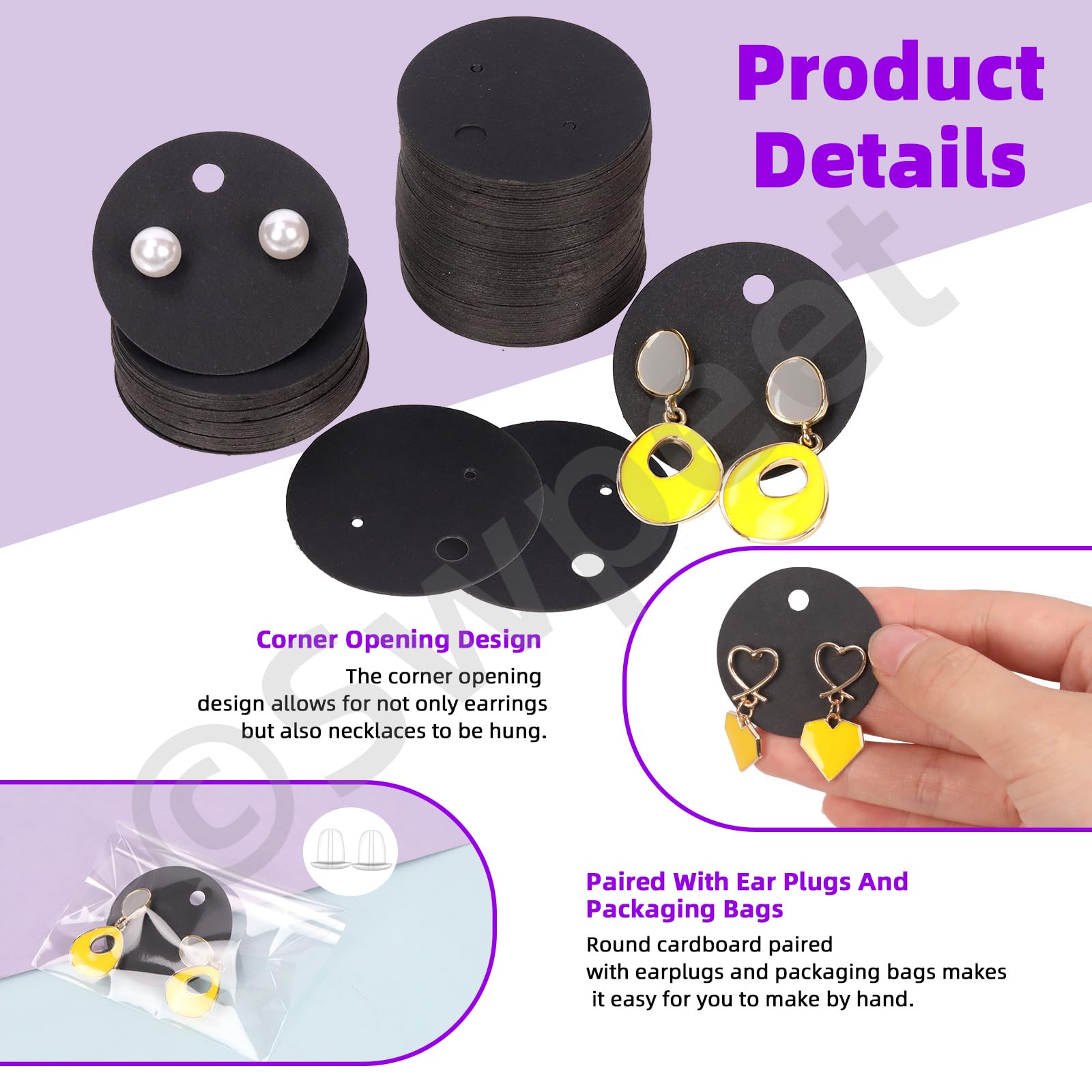 Swpeet 600Pcs Black Earring Display Cards Assorment Kit, 4CM-1.6 Inch Round Earring Holder Cards with Earring Backs and Self-Seal Bags, Ear Studs Holder Cards for Ear Studs and Earrings Display