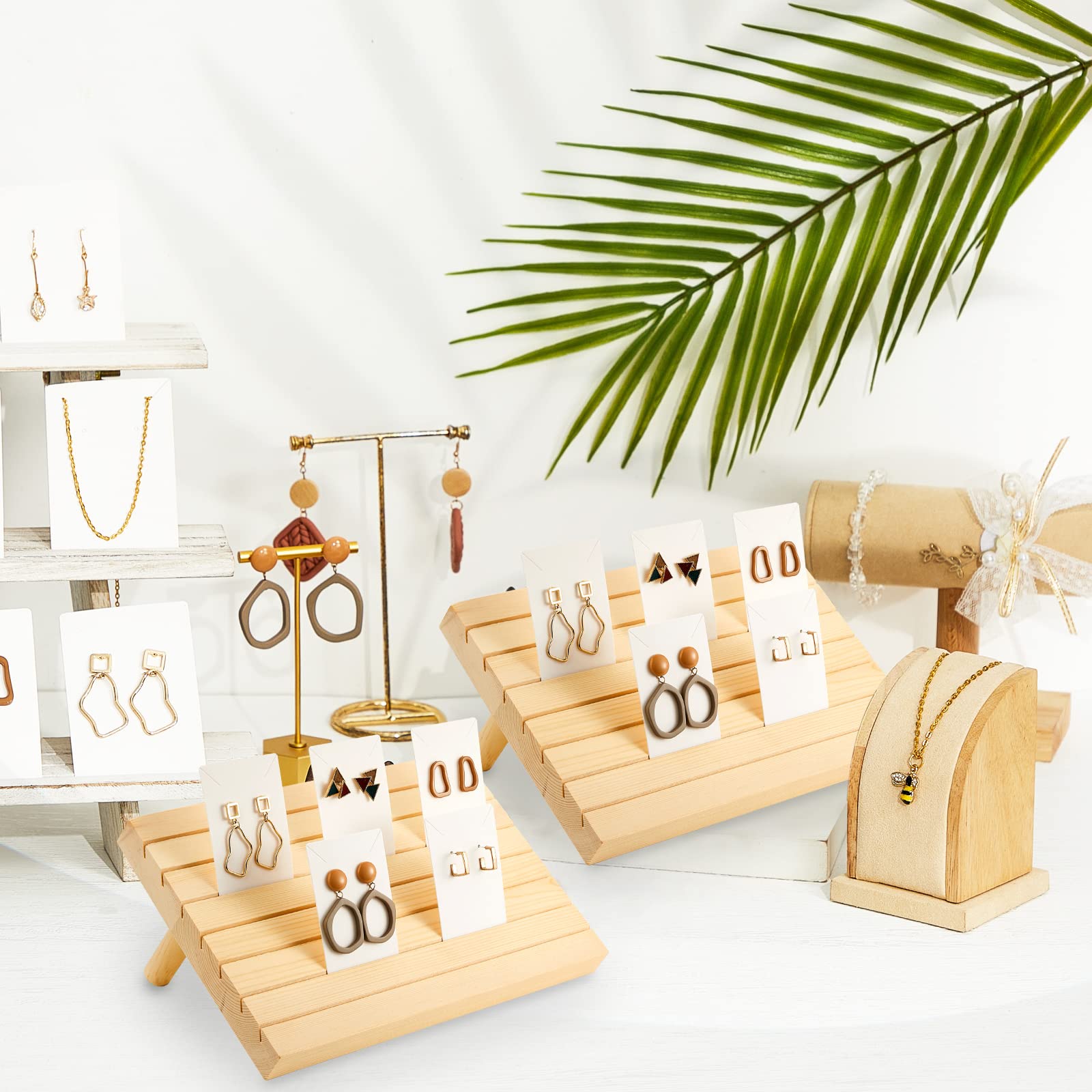 62 Pcs Wood Earring Display Stand 2 Set Earring Display for Selling Earring Display Holder with Earring Card for Selling(Wood Color)