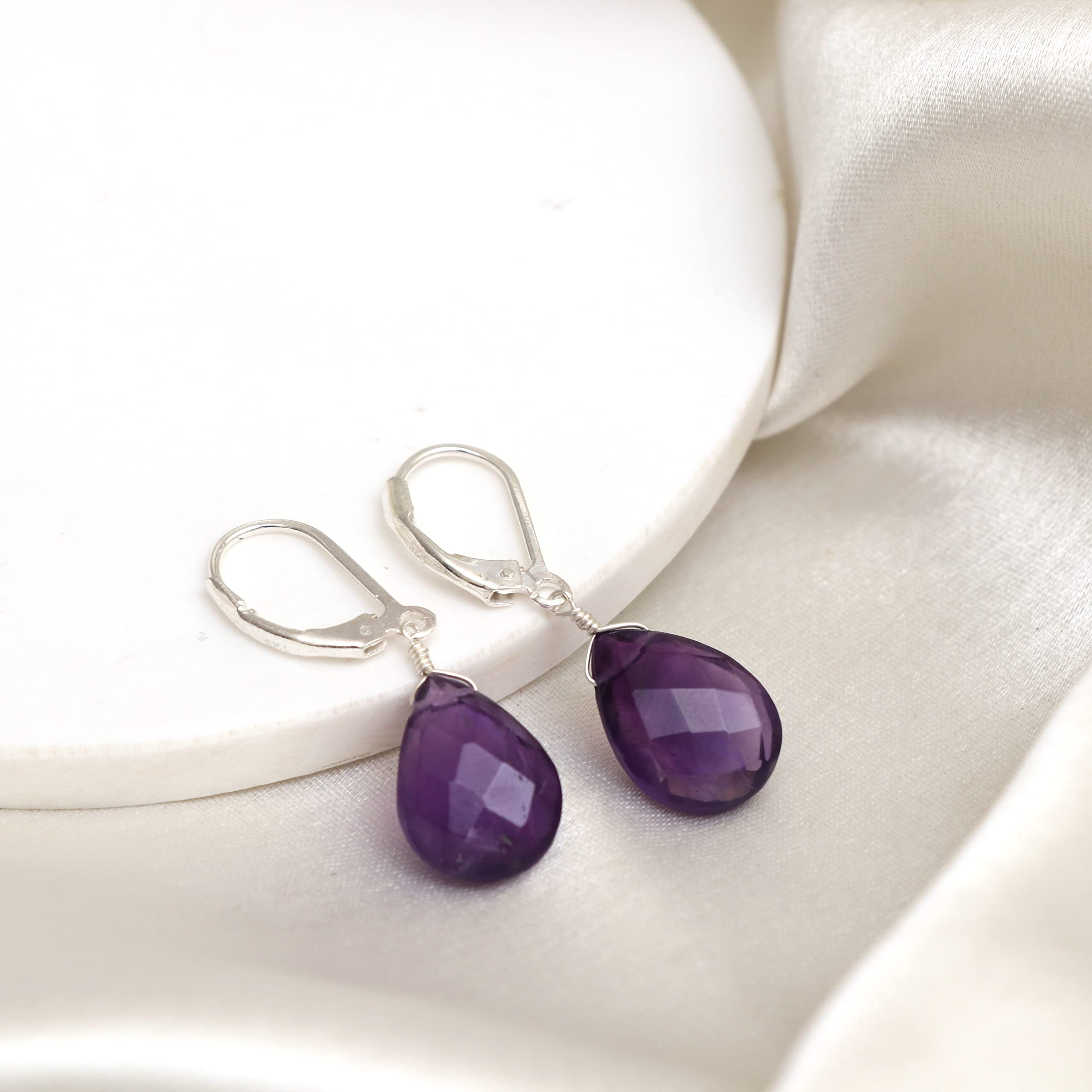 GemInspire Purple Amethyst Pear Shape Tear Drop Earrings Suspended with Sterling Silver Lever Back Hoop, Elegant Jewelry Gift for Women (Amethyst)