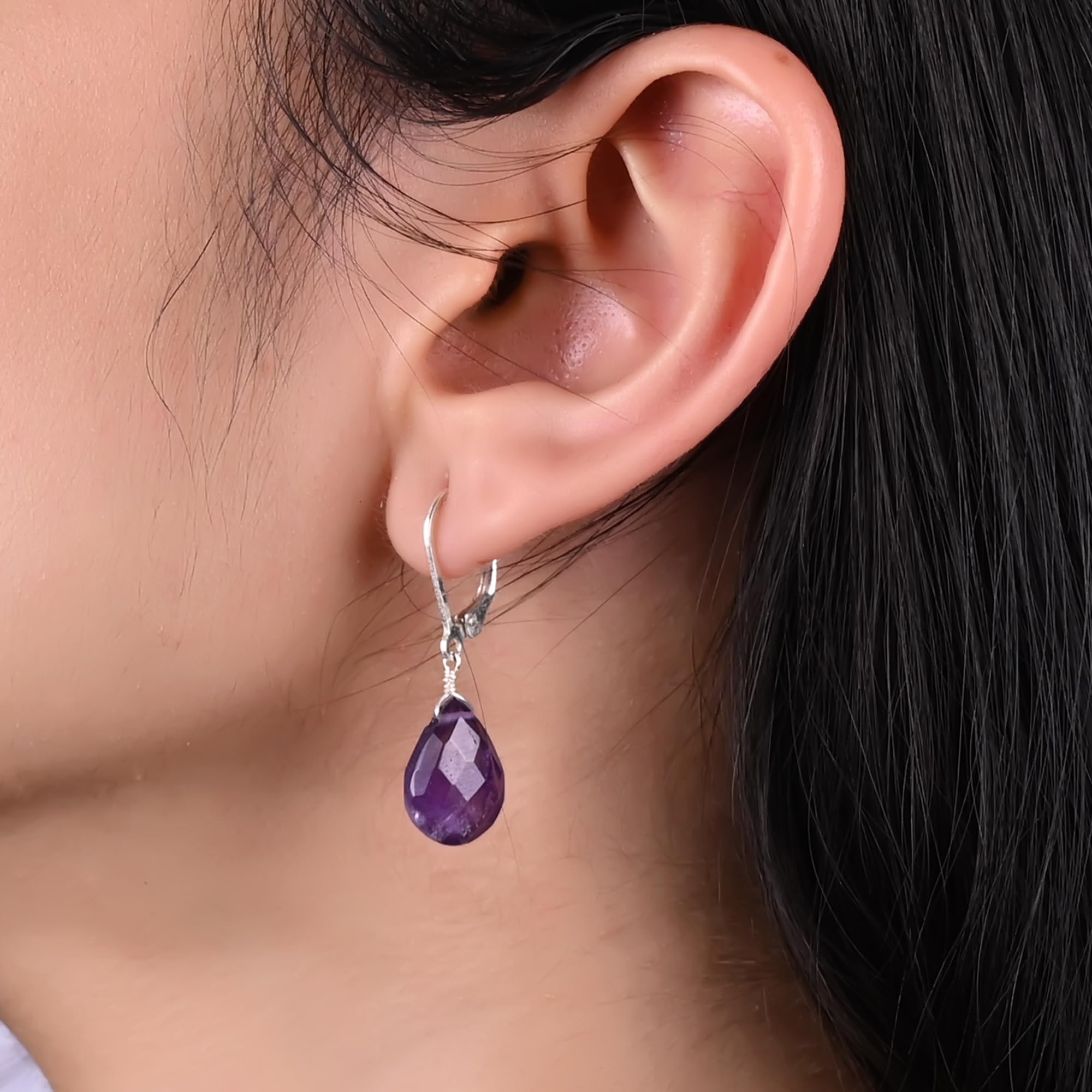 GemInspire Purple Amethyst Pear Shape Tear Drop Earrings Suspended with Sterling Silver Lever Back Hoop, Elegant Jewelry Gift for Women (Amethyst)