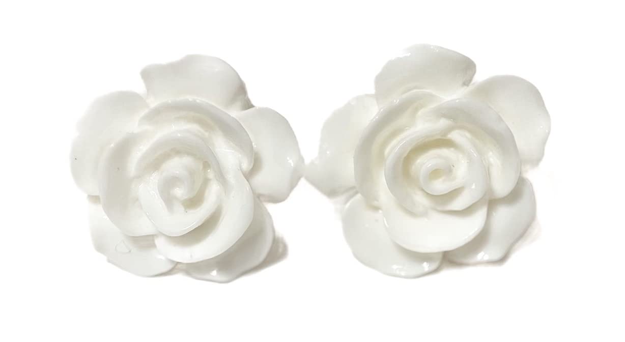 Hypoallergenic Rose 3d Stud Glossy Flower Earrings on Plastic Posts, 14mm (White)