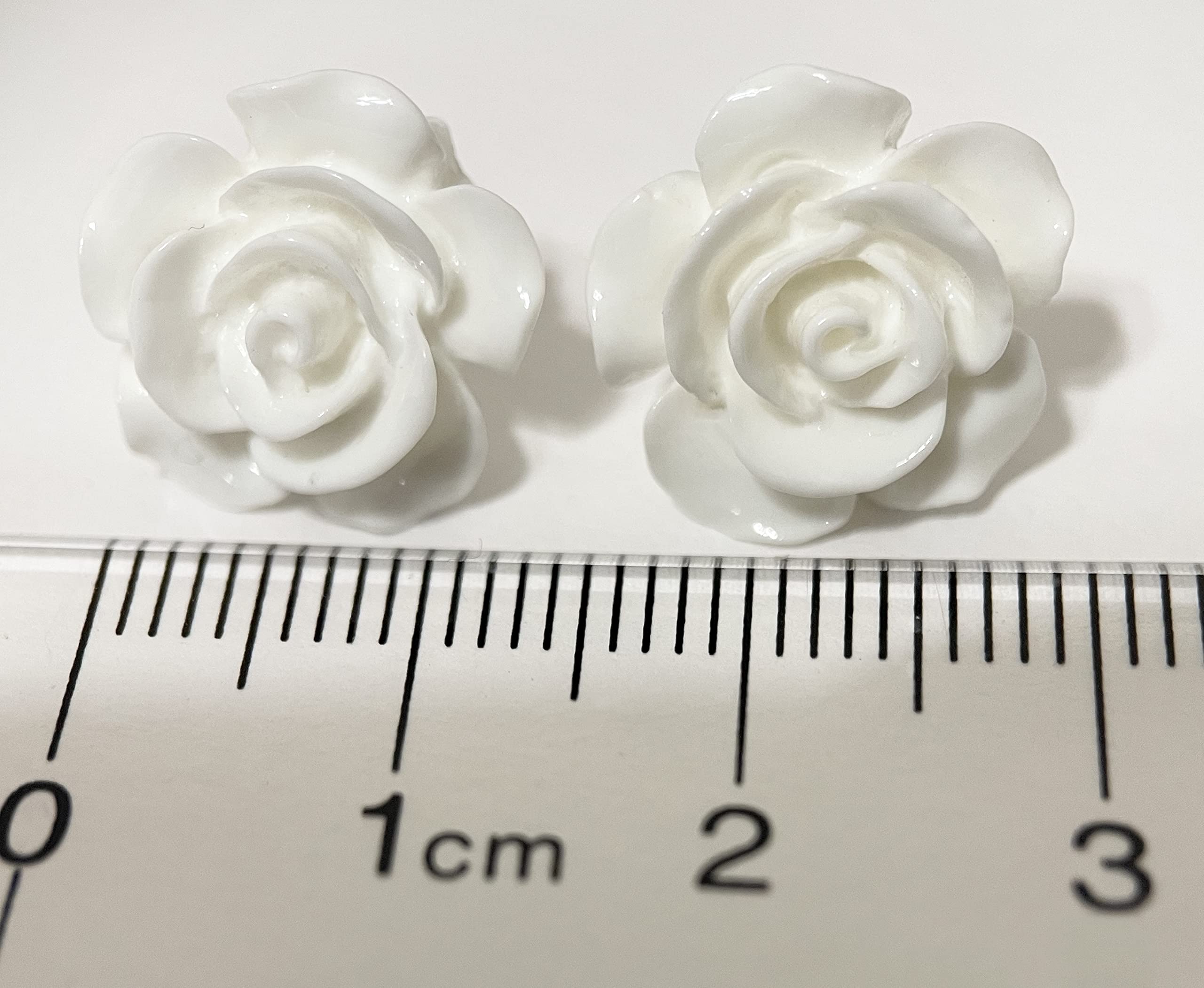 Hypoallergenic Rose 3d Stud Glossy Flower Earrings on Plastic Posts, 14mm (White)