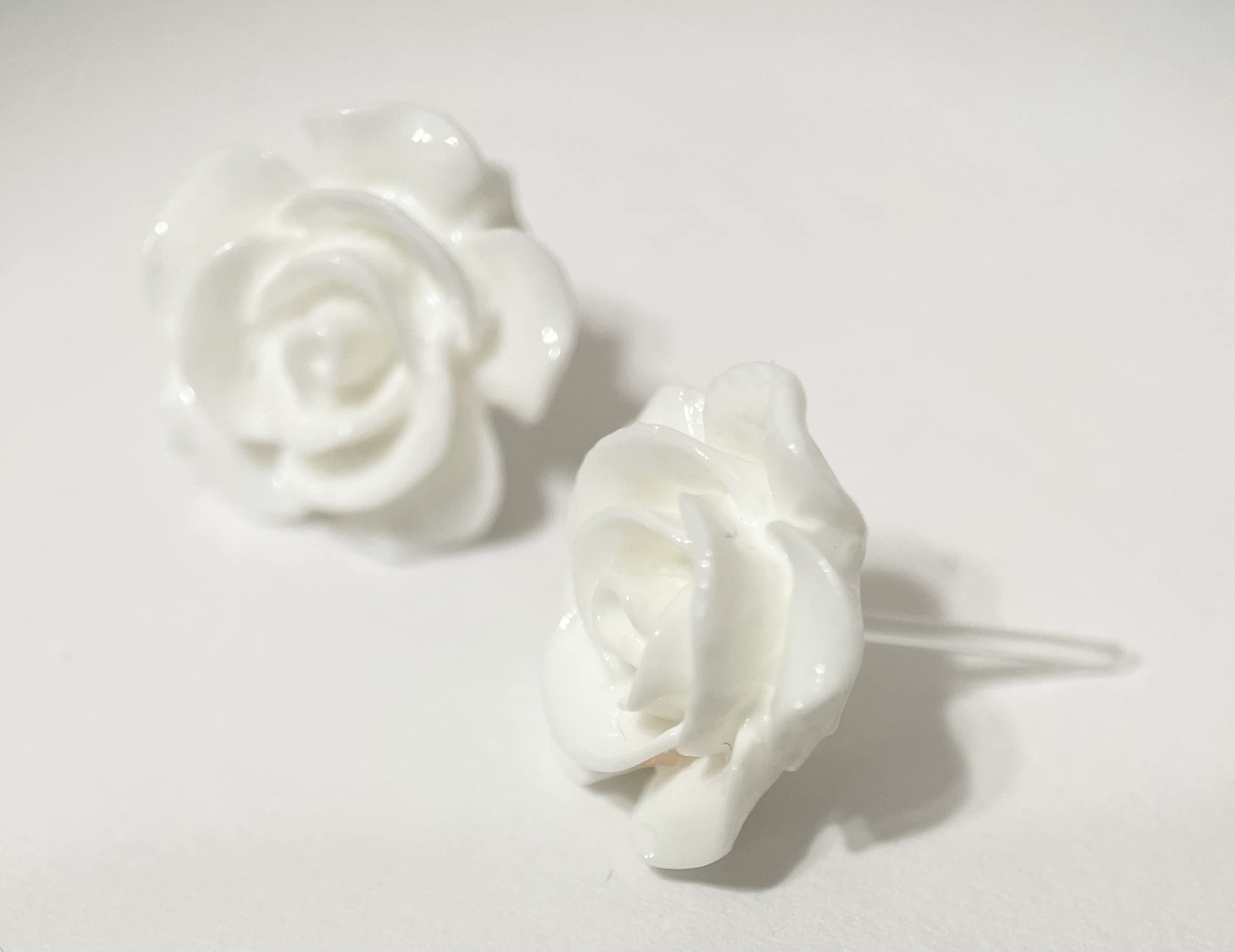 Hypoallergenic Rose 3d Stud Glossy Flower Earrings on Plastic Posts, 14mm (White)