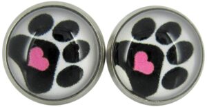 summerfield collection stainless steel black and white paw print pink heart glass stud earrings 12mm