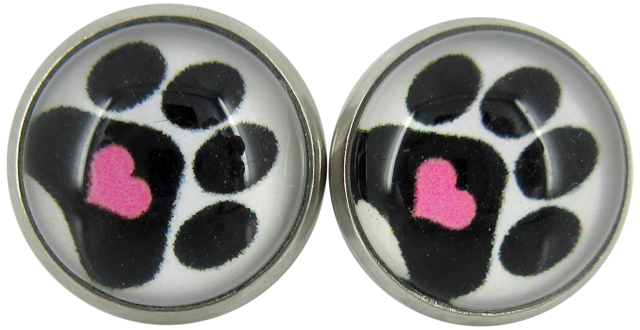 Summerfield Collection Stainless Steel Black and White Paw Print Pink Heart Glass Stud Earrings 12mm