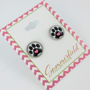 Summerfield Collection Stainless Steel Black and White Paw Print Pink Heart Glass Stud Earrings 12mm