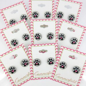 Summerfield Collection Stainless Steel Black and White Paw Print Pink Heart Glass Stud Earrings 12mm