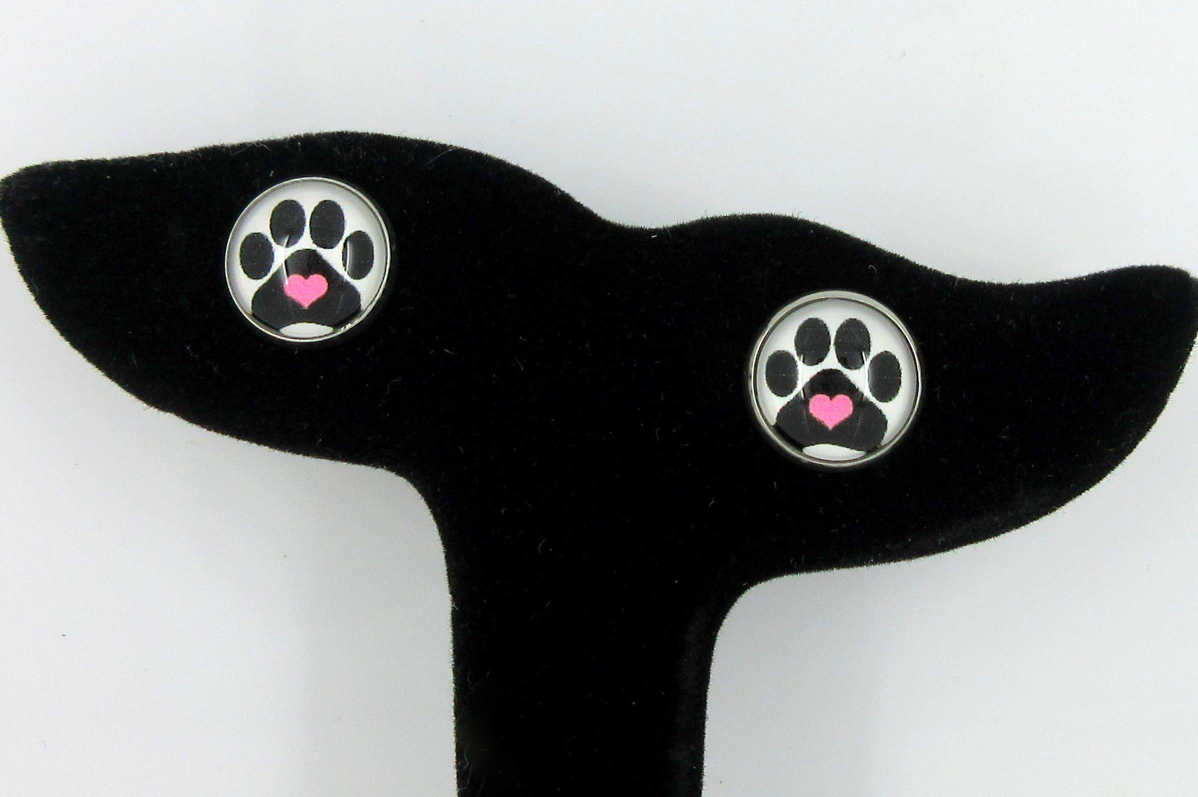 Summerfield Collection Stainless Steel Black and White Paw Print Pink Heart Glass Stud Earrings 12mm