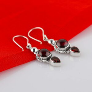 Natural Red Garnet Brilliant Cut Pear Gemstone Earrings 925 Sterling Silver Filigree Dangle Earrings Women Bohemian Handmade Jewelry Birthstone Elegant Minimalist Bridal Earring Mothers Day Gift