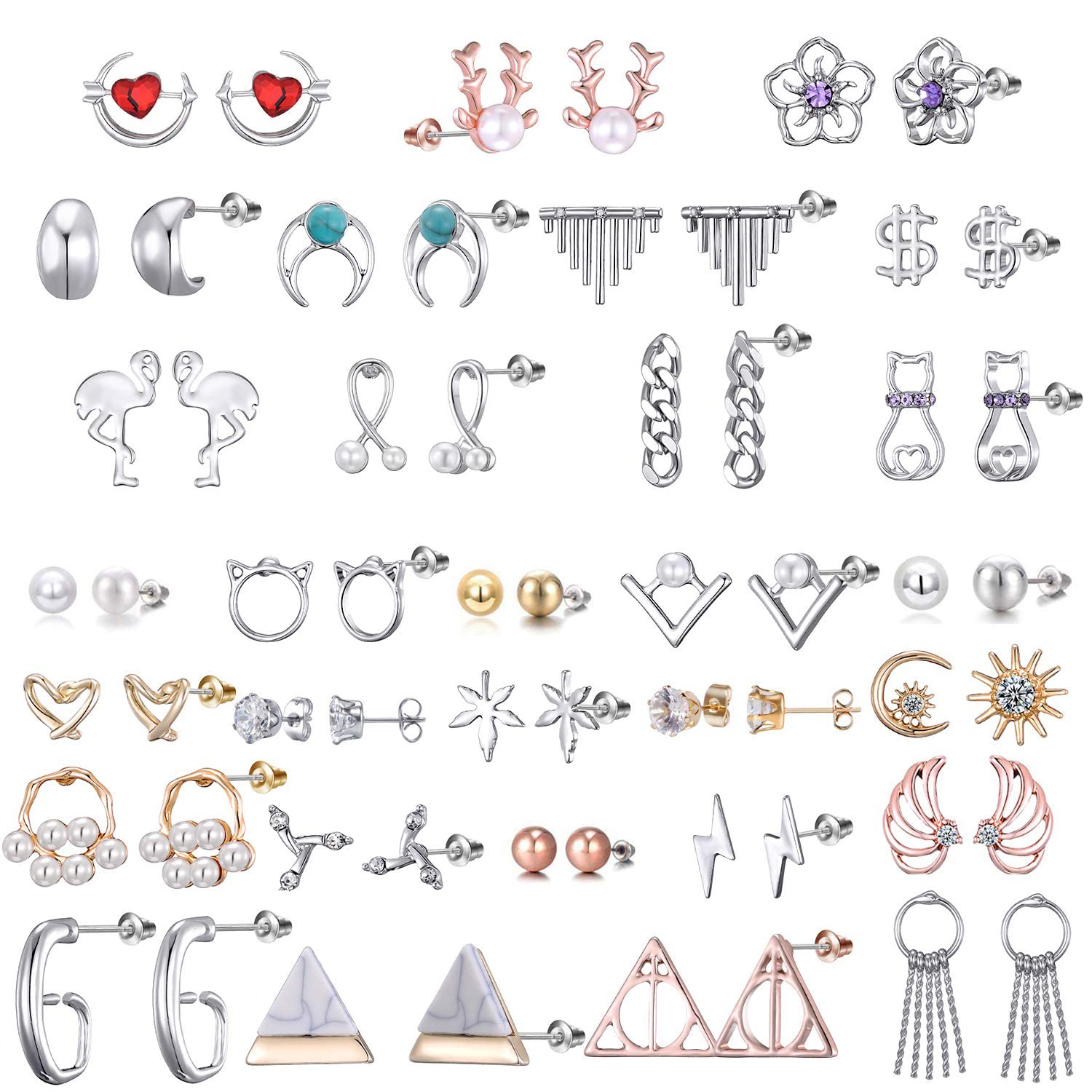 32 Pairs Assorted Stainless Steel Stud Earrings for -s Women Women-Cute Animal Faux Pearl Cat Elephant Sun Moon Star CZ Twise Heart Geometric Pattern Small Statement Bar Stud Earring Set (#5)