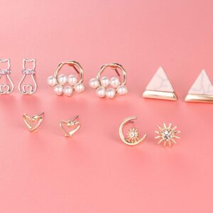 32 Pairs Assorted Stainless Steel Stud Earrings for -s Women Women-Cute Animal Faux Pearl Cat Elephant Sun Moon Star CZ Twise Heart Geometric Pattern Small Statement Bar Stud Earring Set (#5)