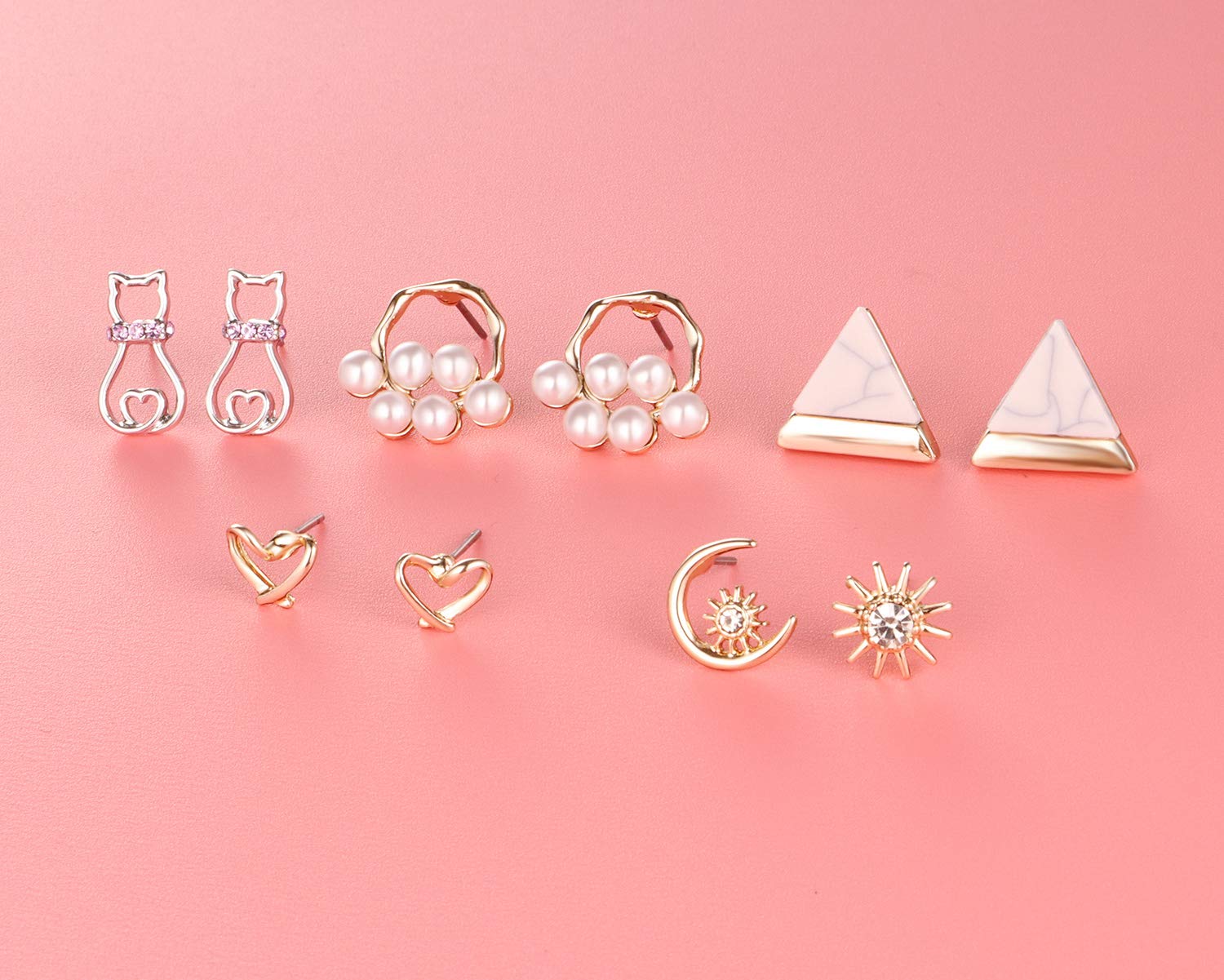 32 Pairs Assorted Stainless Steel Stud Earrings for -s Women Women-Cute Animal Faux Pearl Cat Elephant Sun Moon Star CZ Twise Heart Geometric Pattern Small Statement Bar Stud Earring Set (#5)