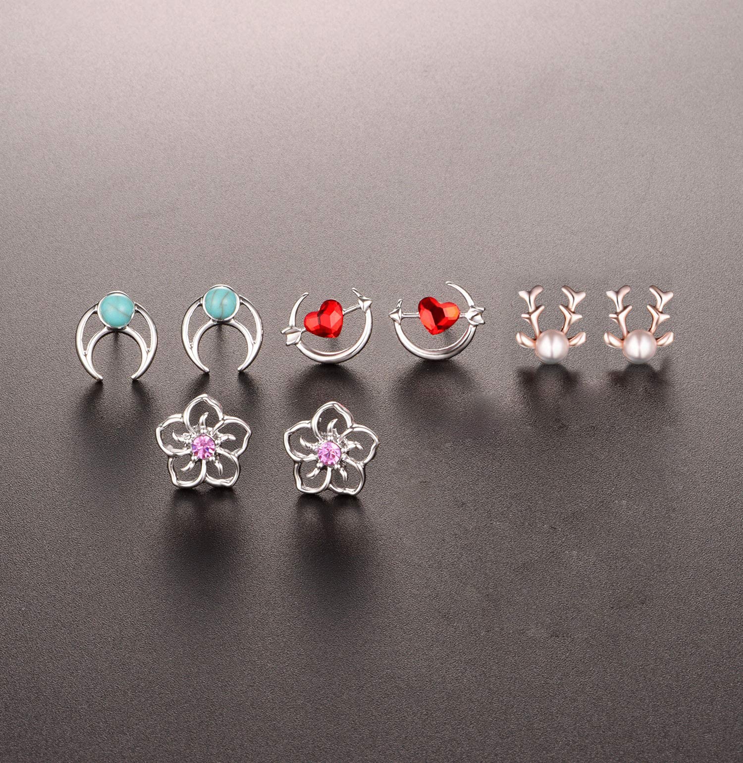 32 Pairs Assorted Stainless Steel Stud Earrings for -s Women Women-Cute Animal Faux Pearl Cat Elephant Sun Moon Star CZ Twise Heart Geometric Pattern Small Statement Bar Stud Earring Set (#5)