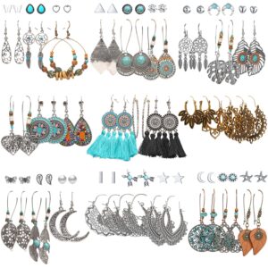 45 pairs fashion hollow drop dangle earrings set for women girls bohemian national style eardrop with bronze waterdrop leaf feather shaped vintage jewelry for gifts