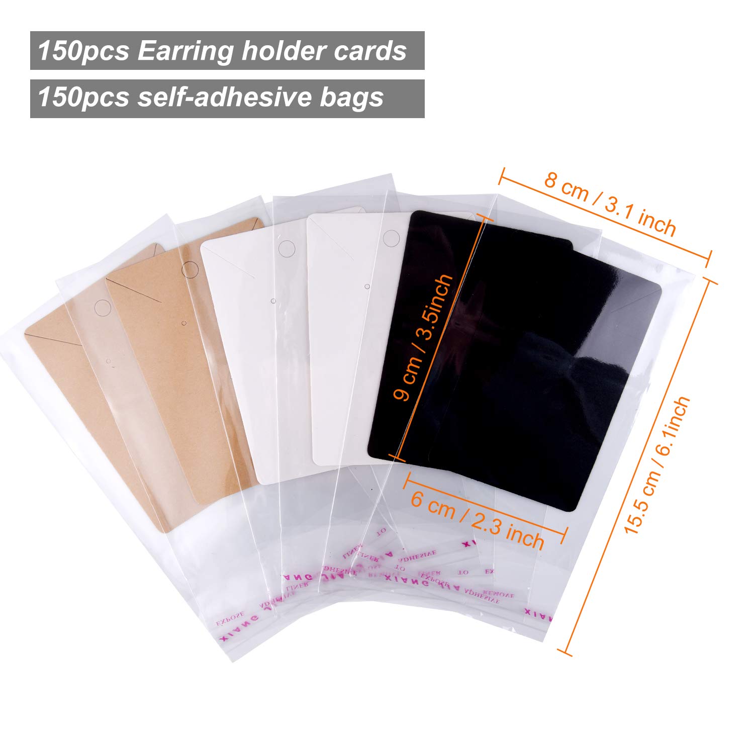 MIAHART 150 Set Earring Cards, Earring Display Cards with Self-Sealing Bags for Stud Earrings Dangle Earring Holder Card for Selling (White, Black, Kraft)