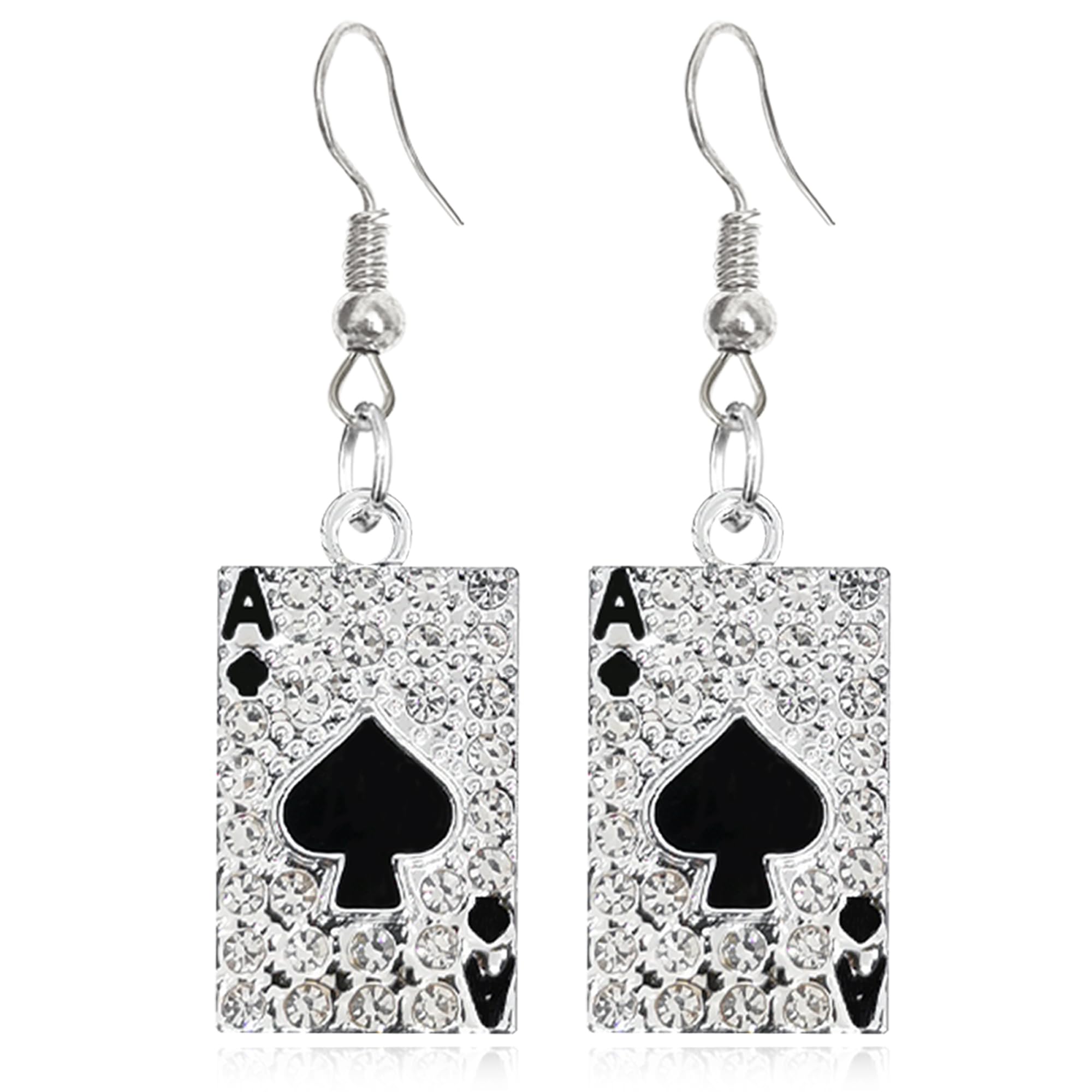 Unique Funny Hypoallergenic Alloy Sparkly Crystal Poker Hearts And Spades A Ace Playing Cards Dangle Drop Stud Earrings For Women Gambling Casino Statement Jewelry Gifts (Black)