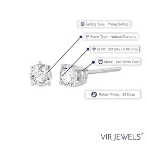 Vir Jewels 2/3 cttw Diamond Stud Earrings 14K White Gold Round 4 Prong Set with Screw Backs