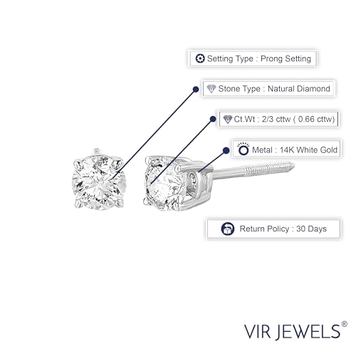 Vir Jewels 2/3 cttw Diamond Stud Earrings 14K White Gold Round 4 Prong Set with Screw Backs