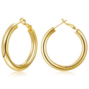 sovesi chunky gold hoop earrings for women with 925 sterling silver post, 14k gold plated thick gold hoops earrings for women 40mm