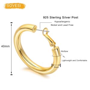 sovesi Chunky Gold Hoop Earrings for Women with 925 Sterling Silver Post, 14K Gold Plated Thick Gold Hoops Earrings for Women 40mm