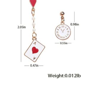 Asymmetric Clock Poker Dangle Earrings Playing Cards Stud Earrings Red Hearts A Dangle Earrings Alarm Clock Drop Stud Earrings for Women Unique Jewelry Gift (Black)