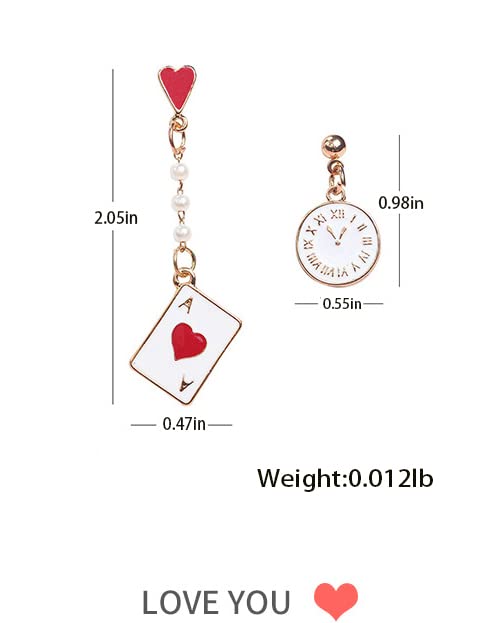 Asymmetric Clock Poker Dangle Earrings Playing Cards Stud Earrings Red Hearts A Dangle Earrings Alarm Clock Drop Stud Earrings for Women Unique Jewelry Gift (Black)