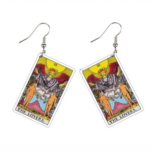 tarot card earrings, jewelry with double side tarot patten pendant earring for women playing astrology gifts charms decor nature's secret library regalo de joyas adorno colgante carta(the lovers)