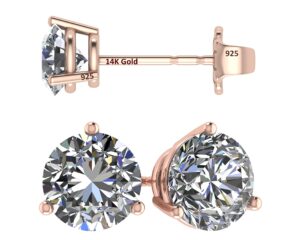 central diamond center 14k gold post & sterling silver zirconia 3 prong martini stud earrings - rose gold plated 5.25mm 1.00cttw