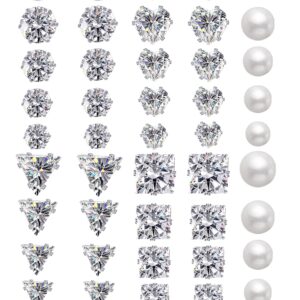 Stainless Steel Stud Earrings for Women 25-50 Pairs Mens Surgical Steel Earrings Hypoallergenic Cubic Zirconia Earring 4-8 mm (Silver)