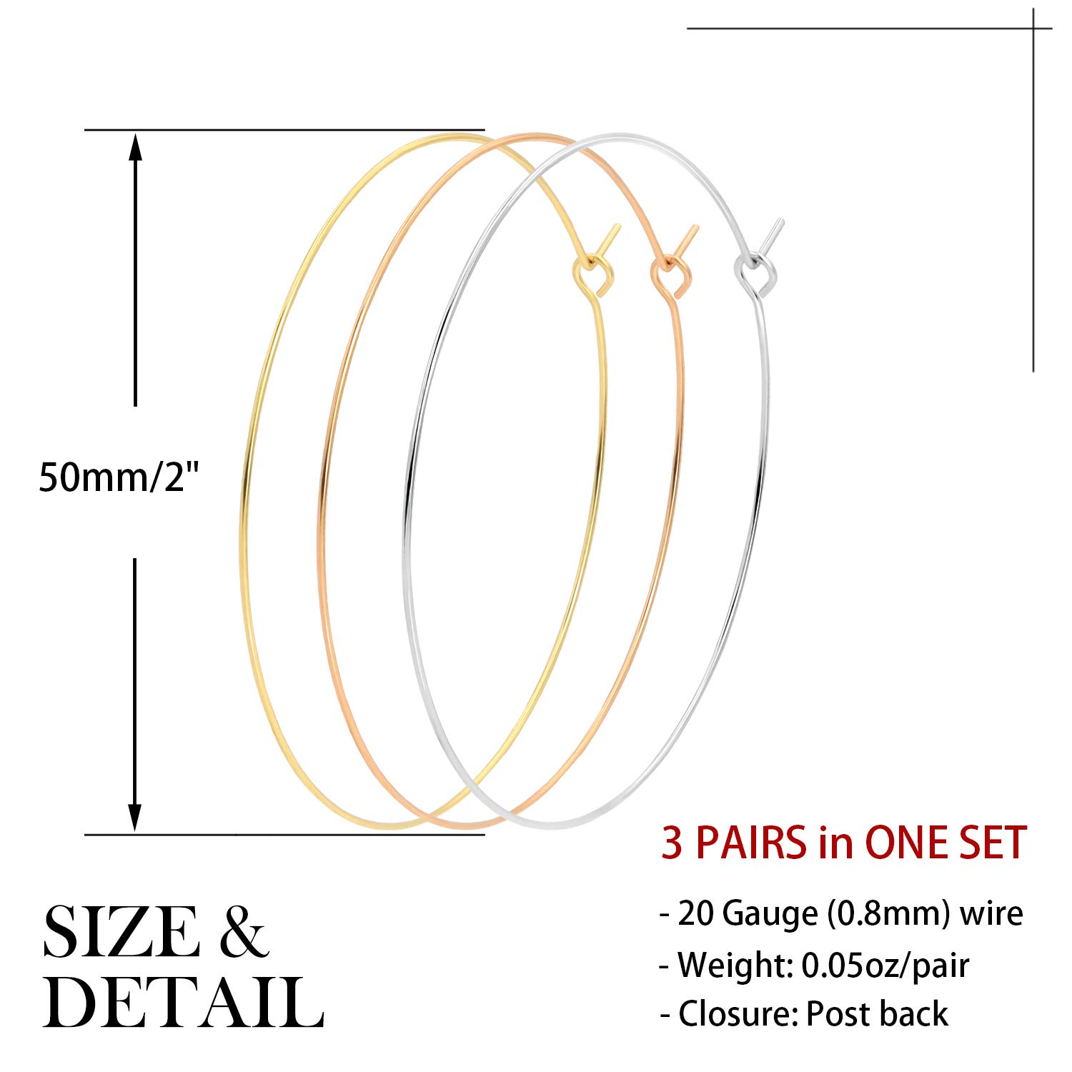 3 Pairs Big Wire Hoop Earrings 50mm 18k Gold Silver Rose Gold Plated on Stainless Steel 2 inch Large Thin Hoops Earring Set Minimal Jewelry for Women Girls