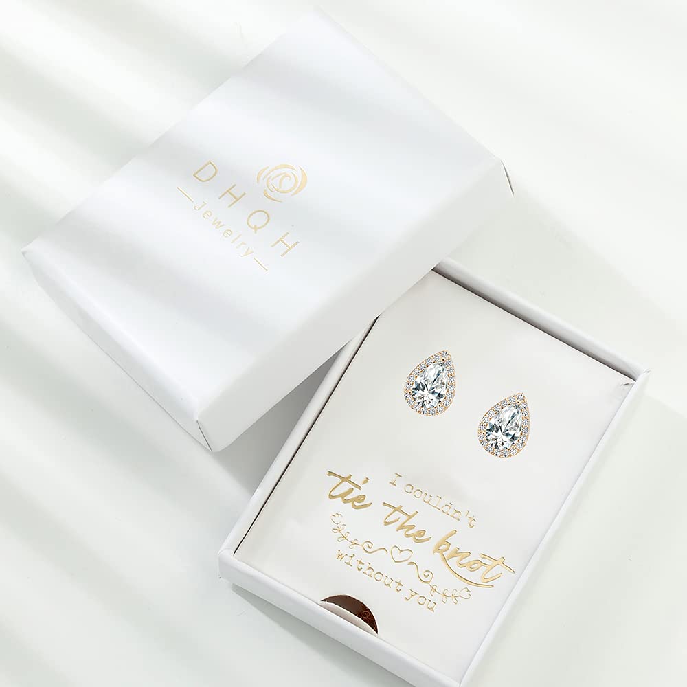 DHQH 4/6 Pairs Bridesmaids Earrings Classic Cubic Zirconia Teardrop Stud Earrings for Women Girls I Couldn’t Tie a Knot Without You Brides Bridesmaids Proposal Wedding Jewelry Gifts, D-gold(set of 6)