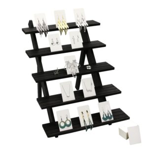 sinyad 101pcs 5-tier wood earring display stand, retail display riser earring, ring holder stand, removable countertop small merchandise display stand with 100 pcs earring card (brown color)