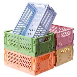 xuanmuque 5-pack collapsible plastic storage baskets for organizing with handle, crate bin for desk bedroom office bedroom, 9.8inl x 6.5inw x 3.8inh, multicolor, 5 pack