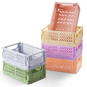 huusmot 6-pack pastel storage crates, mini plastic crates, small baskets for organizing, collapsible storage crates for bedroom decor classroom office kitchen home (5.8"x 3.8" x 2.2")