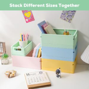 TRZZ 2-Pack Mini Pastel Crates Organizer Collapsible Plastic Storage Basket Small Crate Storage, Stackable Cute Bins for Office & Home Bedroom, Bathroom and Kitchen Storage Decor, Blue (6.5"4.8"2.9")