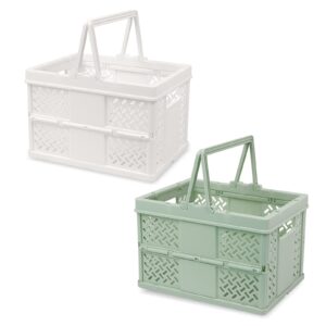 klyuqoz pastel crates for storage, cute crates pack of 2, collapsible crate, shopping basket with handle, folding for home kitchen office. size (7.5 x 5.3 x 4.9 in), green, white