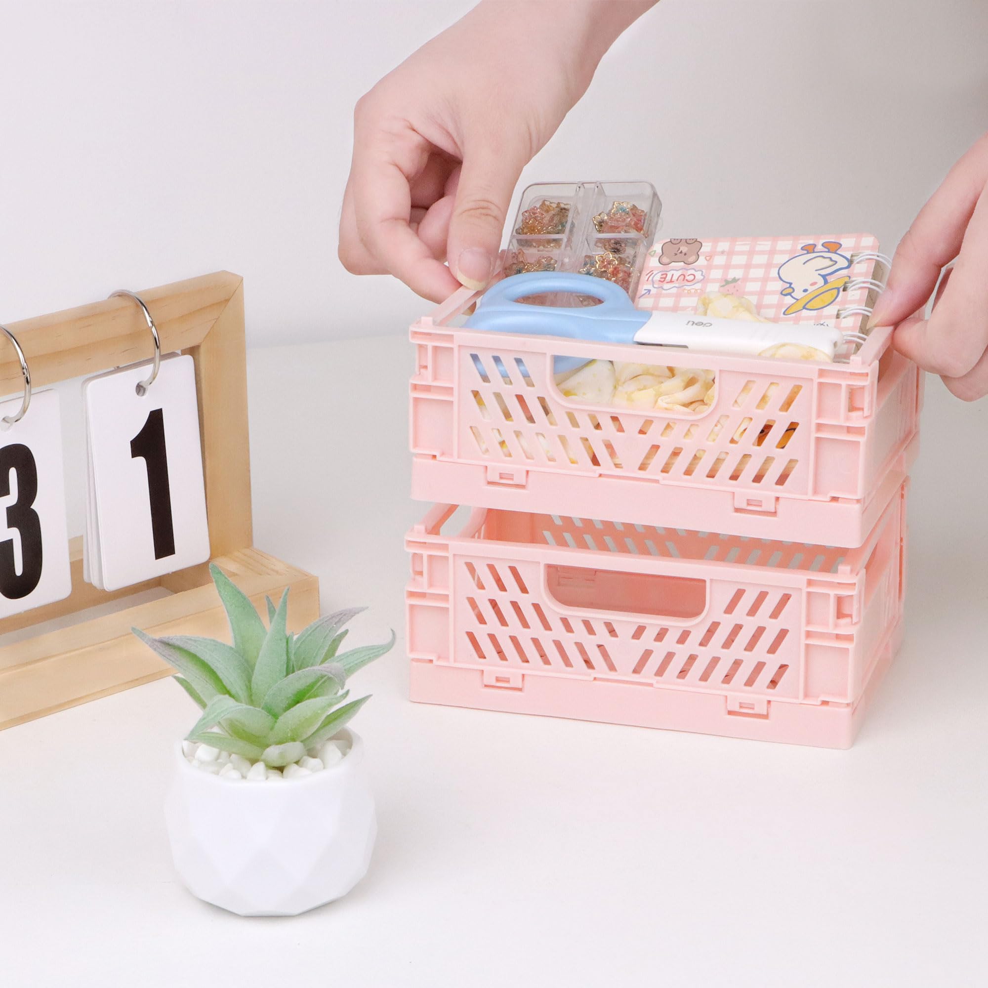 4-Pack Pink Plastic Storage Crate Small Baskets for Organizing Collapsible Storage Crates for Desk Organizers,Stackable Cute Storage Bins for Classroom,Office,Bathroom 5.9"x 3.9" x 2.3"