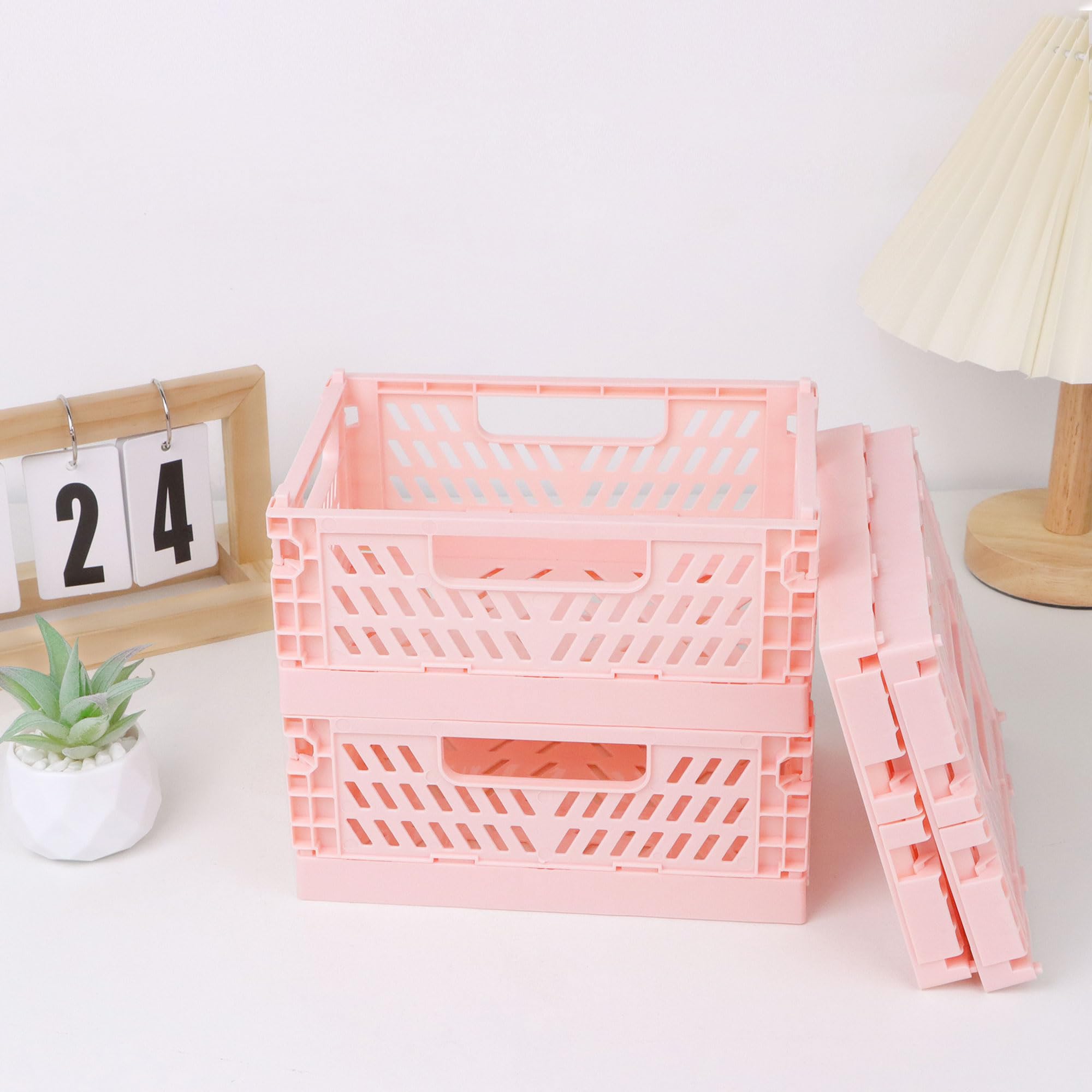 4-Pack Pink Plastic Storage Crate Small Baskets for Organizing Collapsible Storage Crates for Desk Organizers,Stackable Cute Storage Bins for Classroom,Office,Bathroom 5.9"x 3.9" x 2.3"