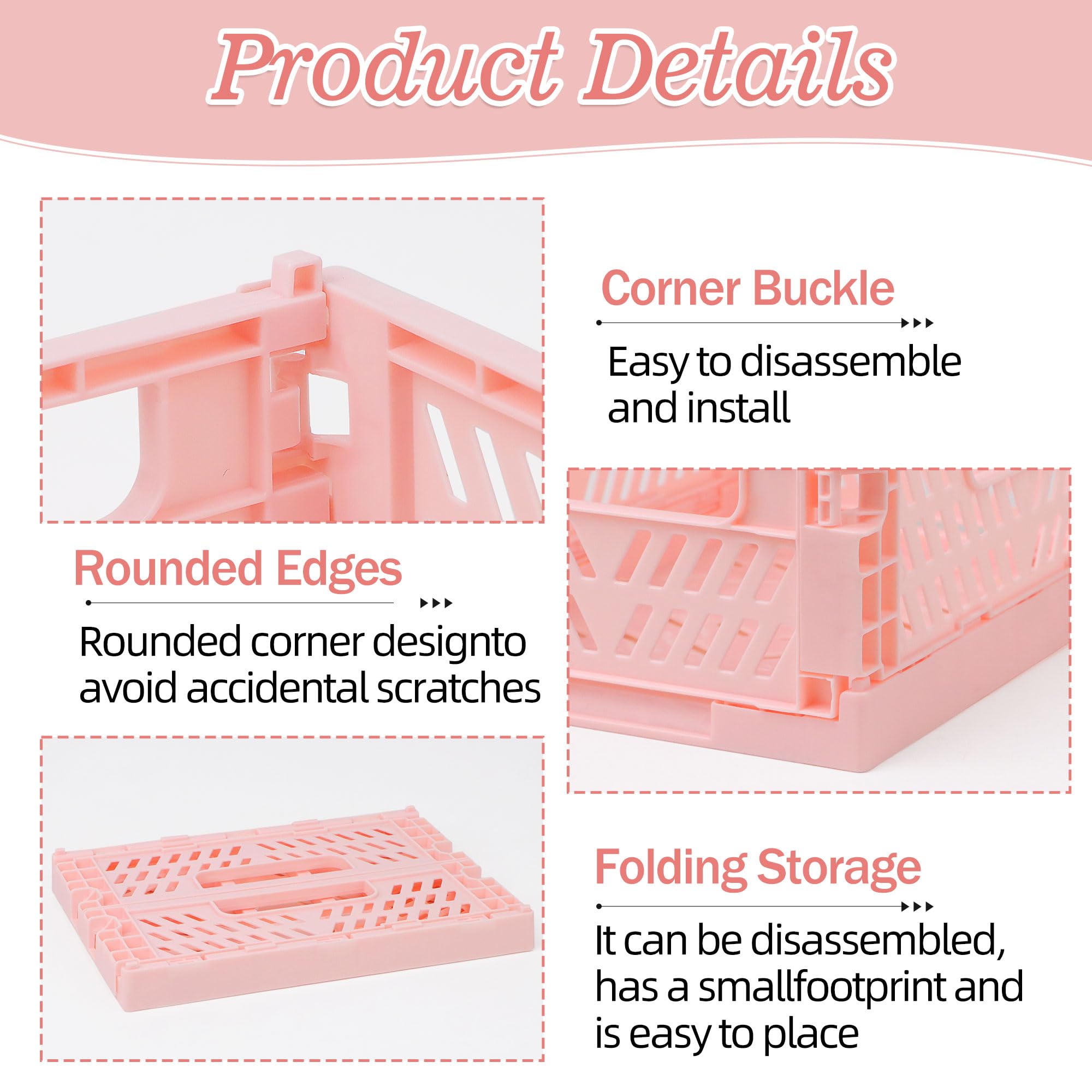 4-Pack Pink Plastic Storage Crate Small Baskets for Organizing Collapsible Storage Crates for Desk Organizers,Stackable Cute Storage Bins for Classroom,Office,Bathroom 5.9"x 3.9" x 2.3"