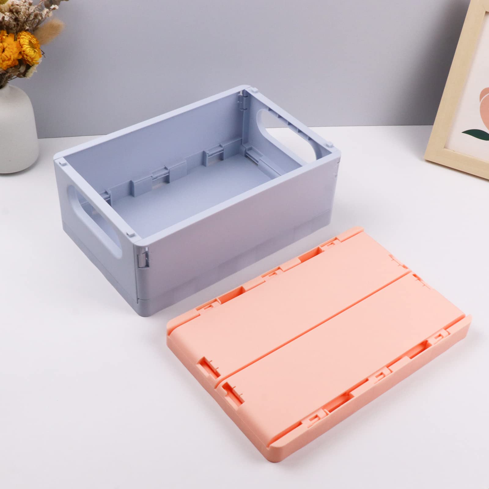 Klyuqoz Pastel Crates, 2 Pack Storage Crates Plastic Stackable, Size (9.8 X 6.3 X 3.8 in), Desktop Storage Crates, Folding for Home Kitchen Bedroom Office.Blue, Pink