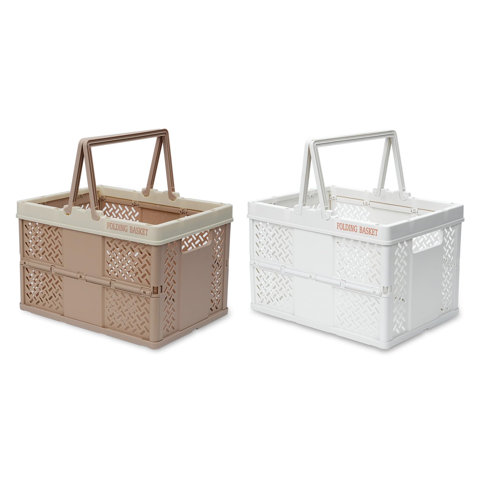 TRZZ 2-Pack Plastic Storage Baskets with Handles, Collapsible Hanging Basket for Organizing, Pastel Storage Crates for Car, Kitchen, Office, Bathroom, and Picnic Organizing, White+Mocha. (12.2" 9"