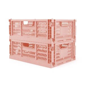 domiella 2-pack crates for storage, storage crates plastic stackable, foldable crate for office home kitchen bedroom bathroom (large, pink)