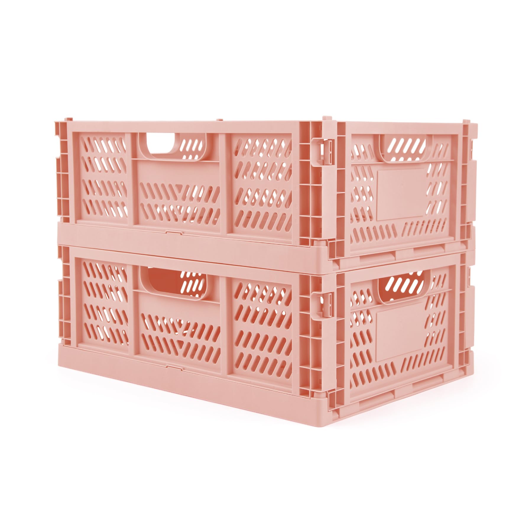 Domiella 2-Pack Crates for Storage, Storage Crates Plastic Stackable, Foldable Crate for Office Home Kitchen Bedroom Bathroom (Large, Pink)