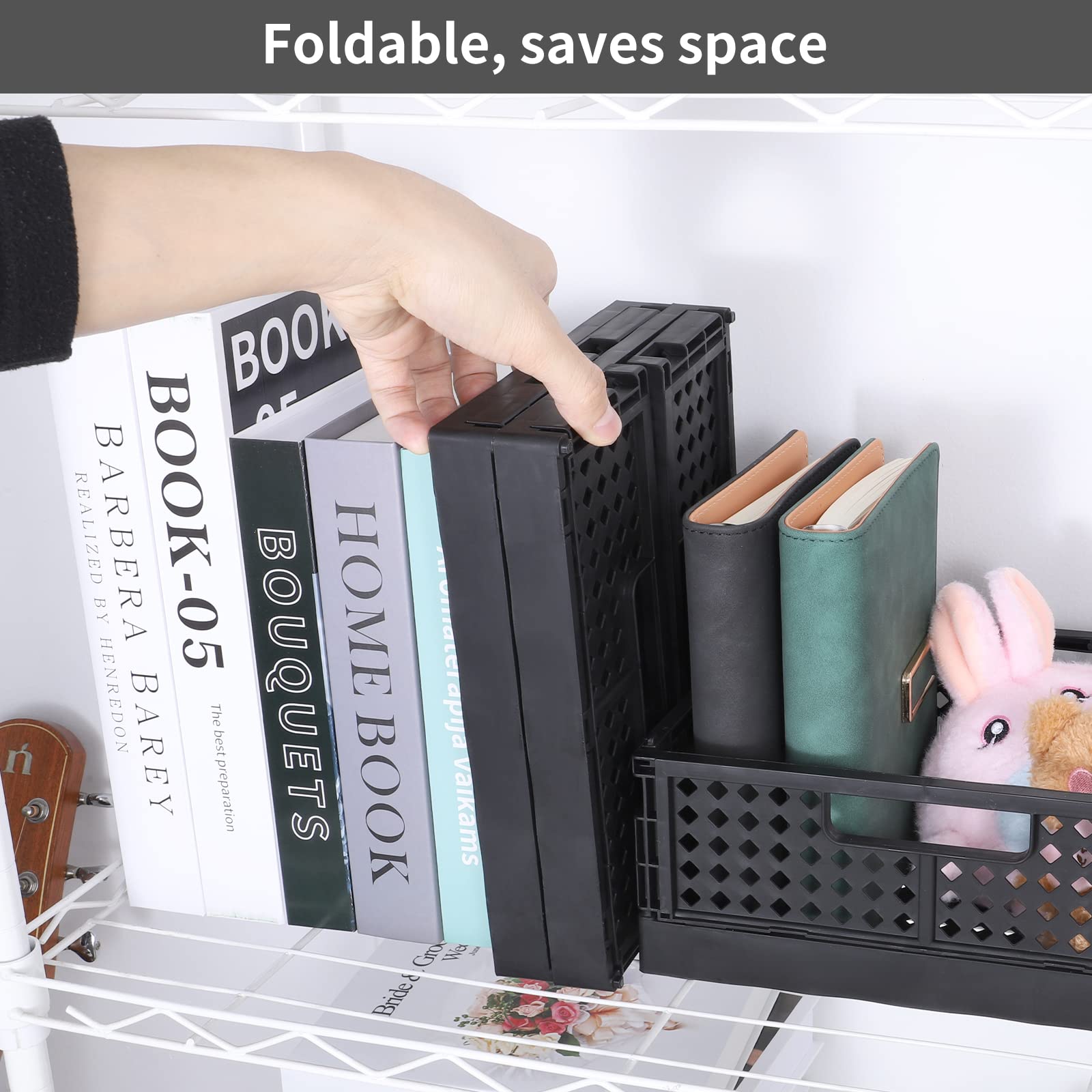 senbowe 4 Pack Plastic Foldable Storage Basket for Shelf Organizer, Stacking Collapsible Storage Crate Container Bin for Desk, Home, Kitchen, Bedroom, Classroom, Office, Bathroom (9.4 x 6.2 x 3.7”)